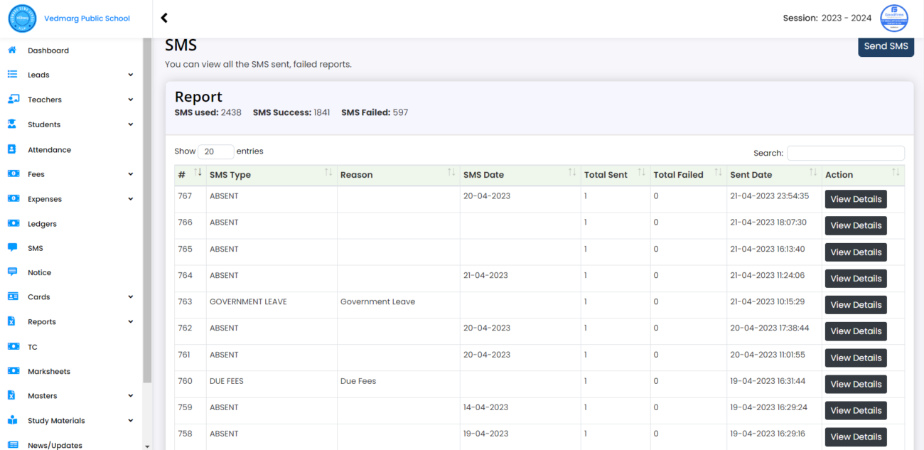 How To Send SMS in Vedmarg School ERP (30+ SMS Templates)