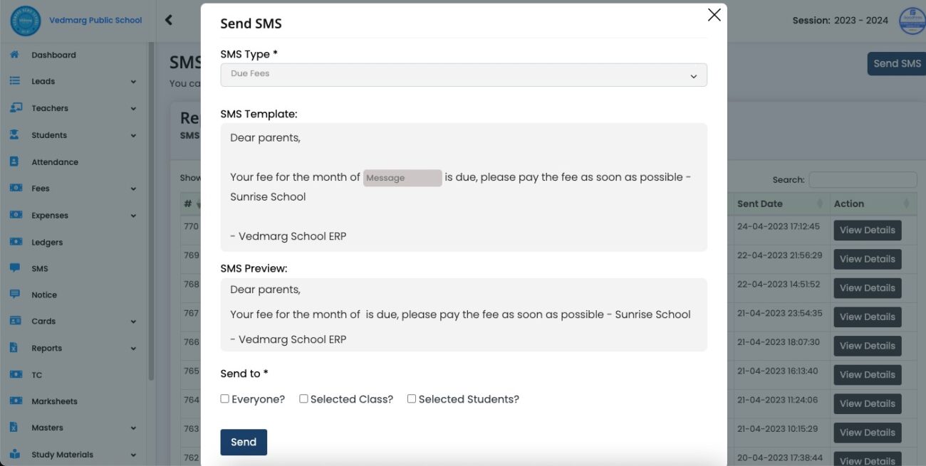 How To Send SMS in Vedmarg School ERP (30+ SMS Templates)