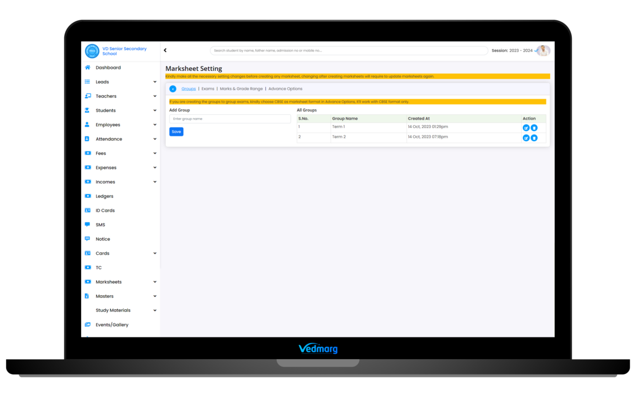 How to Create a CBSE Marksheet on Vedmarg School ERP Software?