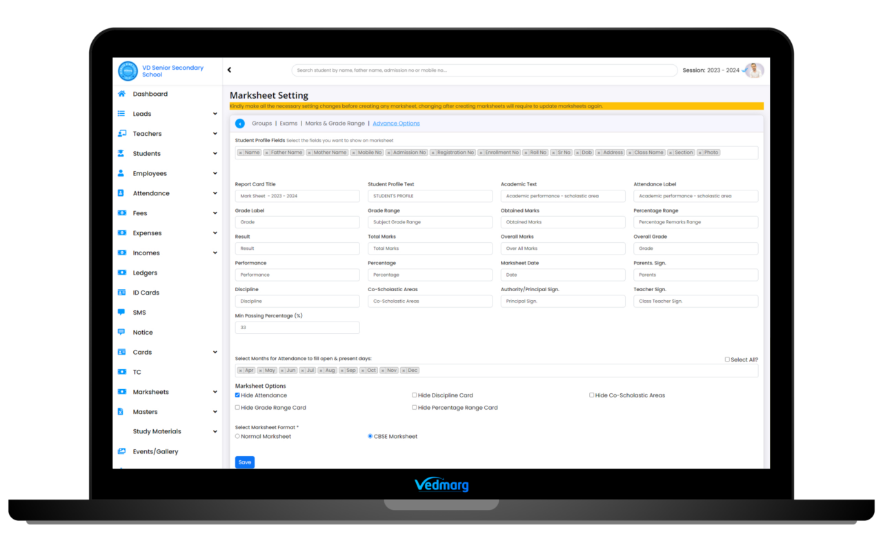 How to Create a CBSE Marksheet on Vedmarg School ERP Software?