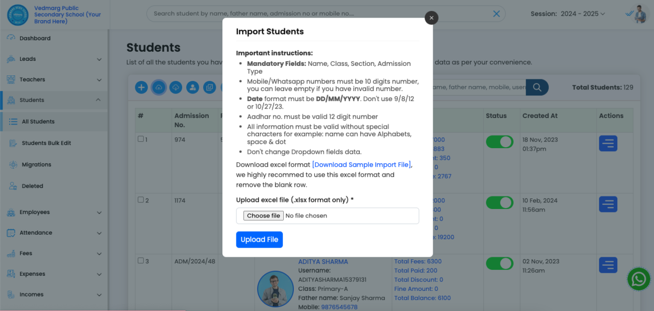 Import Excel From Udise Plus Students Module to Vedmarg ERP